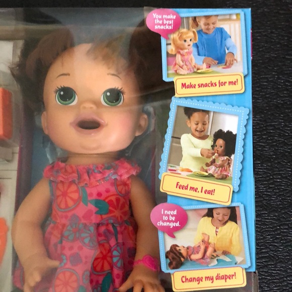 Hasbro | Other | Baby Alive Snackin Sara Brunette Talking Doll | Poshmark